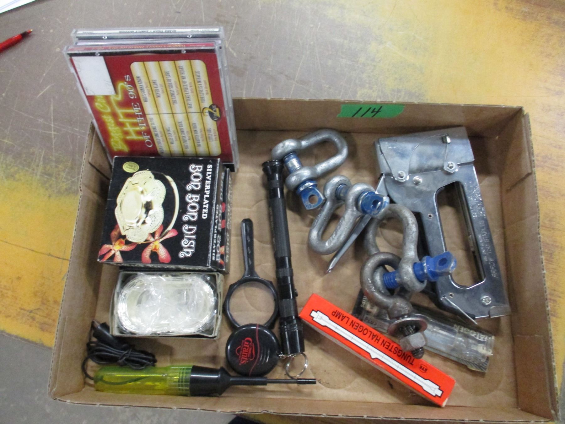 FLAT C/W CLEVIS, STAPLER, AND ASSORTED TOOLS