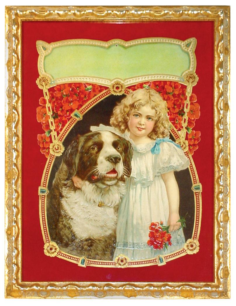 Victorian embossed diecut, beautiful young girl w/St. Bernard, nicely ...