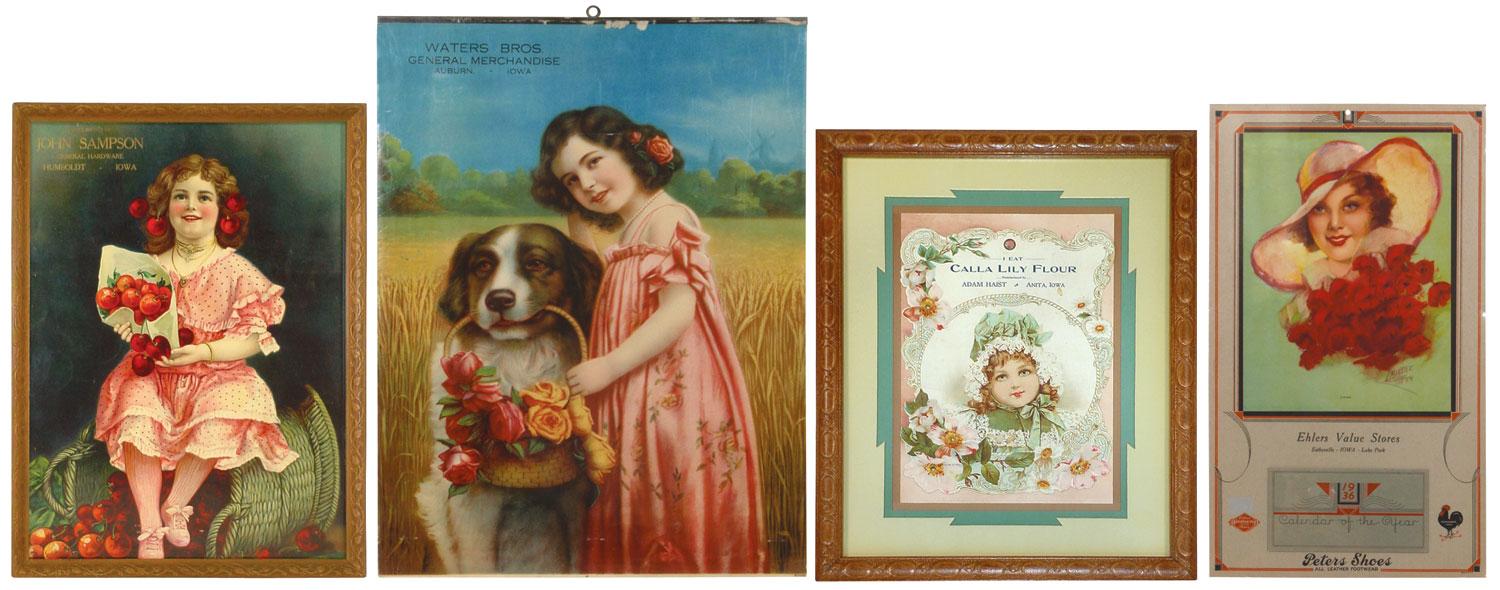 Iowa advertising signs & calendar (4 pcs), Cally Lily Flour framed ...