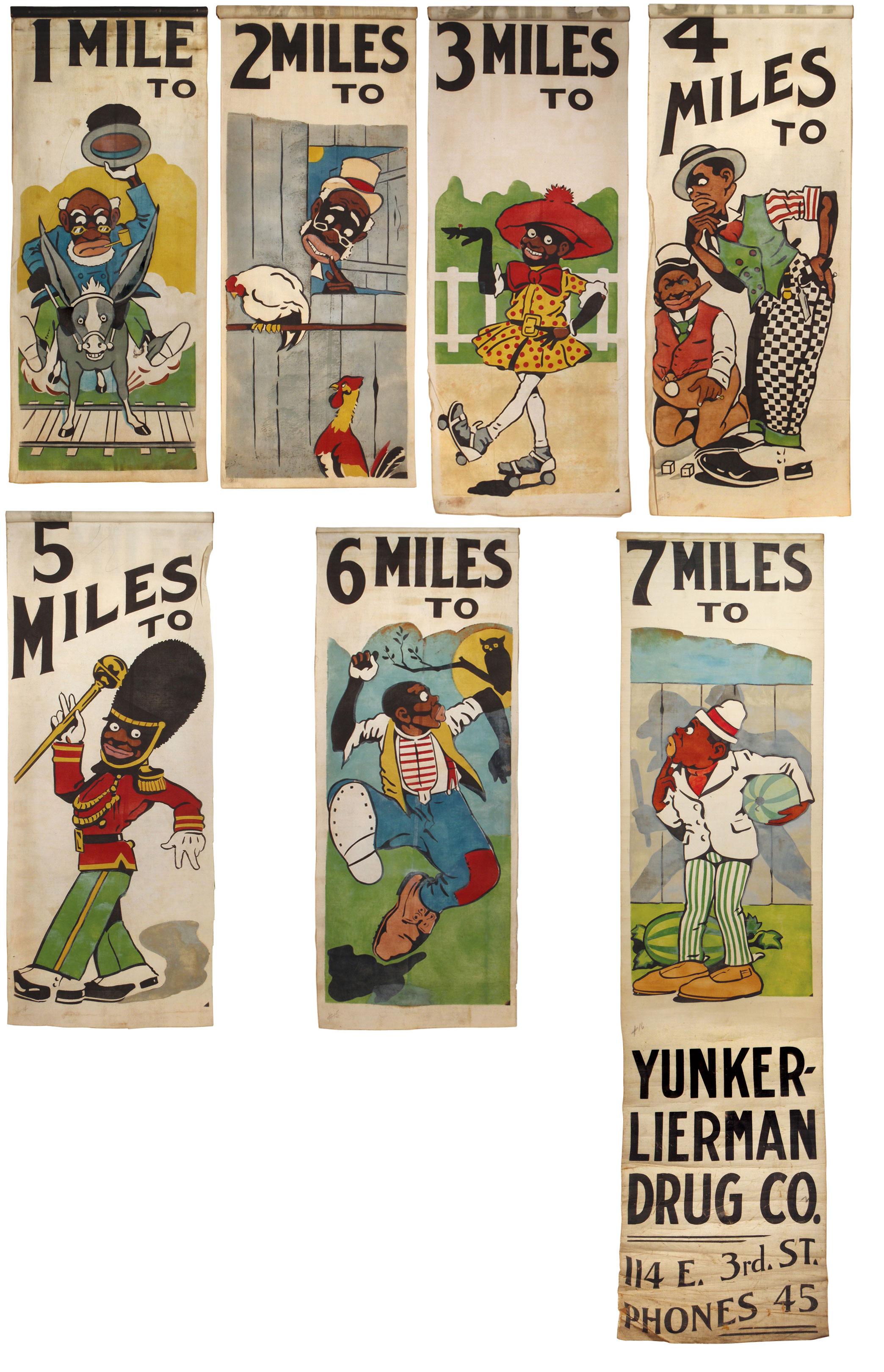 Black Americana salesman's sample mile signs, complete Mile 1 through 7 ...