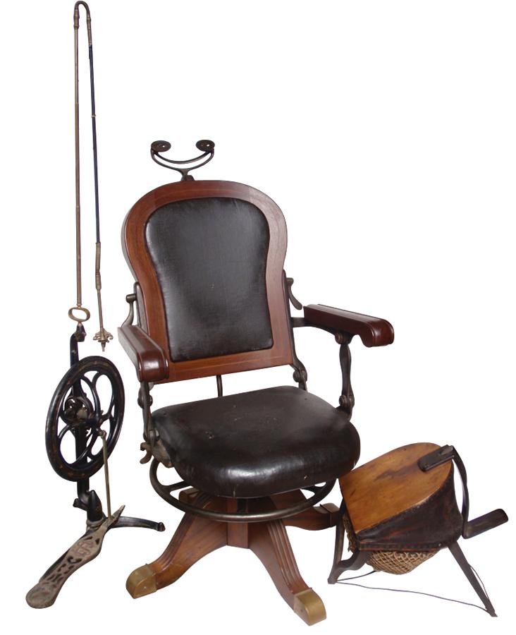Dentist chair, drill & gas pump, walnut chair w/orig leather upholstery ...