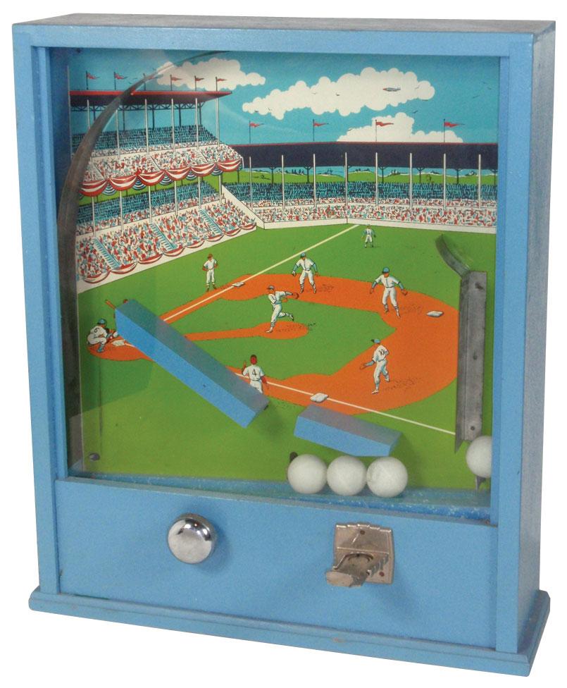 Coin-operated Baseball machine, 10 Cent, blue wood case w/glass face ...