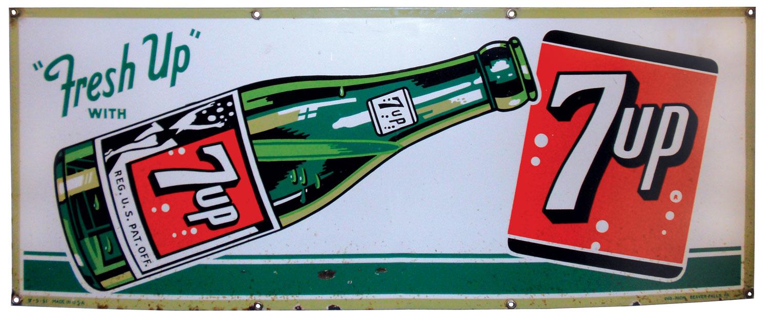 7Up porcelain sign, c.1950's, VG cond, 12"H x 29.5"W.