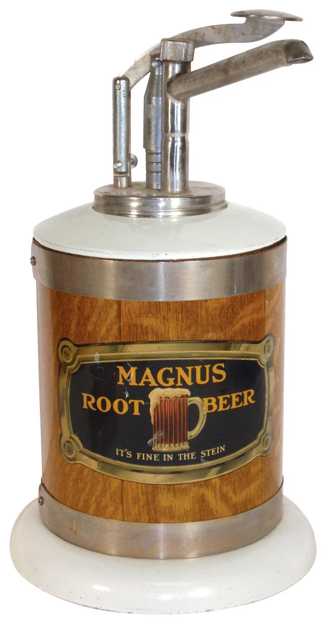 Syrup dispenser, Magnus Root Beer, white porcelain over metal w/wood ...