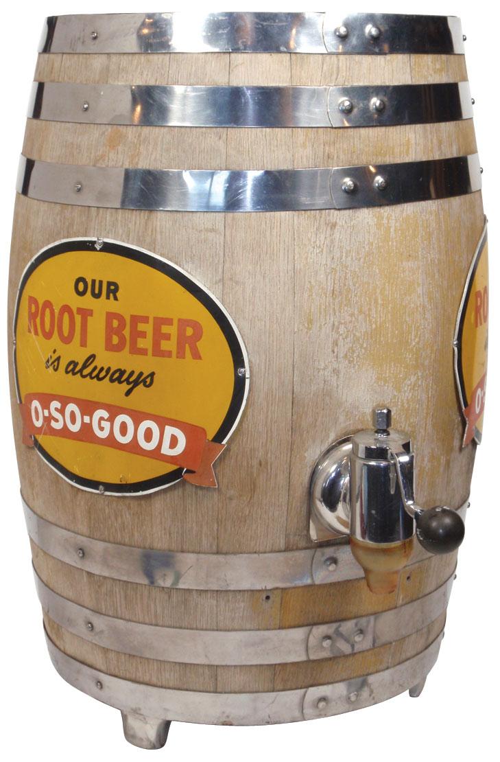 O-So-Good Root Beer dispenser, oak barrel w/its orig 3 metal signs, VG ...