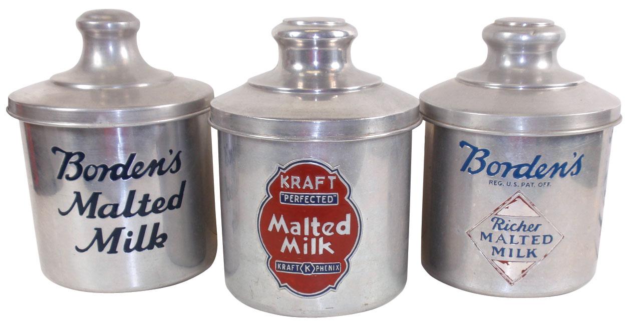 Borden's Malted Milk metal containers (2) & Kraft Malted Milk metal ...