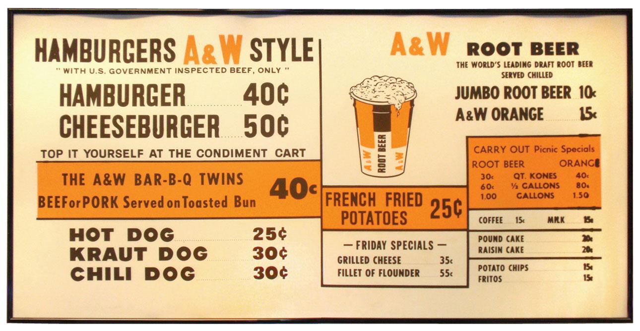A & W menu board, plastic & metal, Exc cond, 18"H x 34"W.