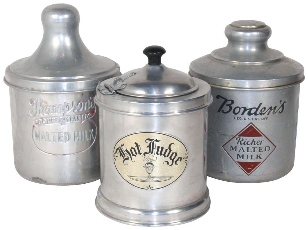 Soda fountain hot fudge & malted milk containers (3), Thompson's ...