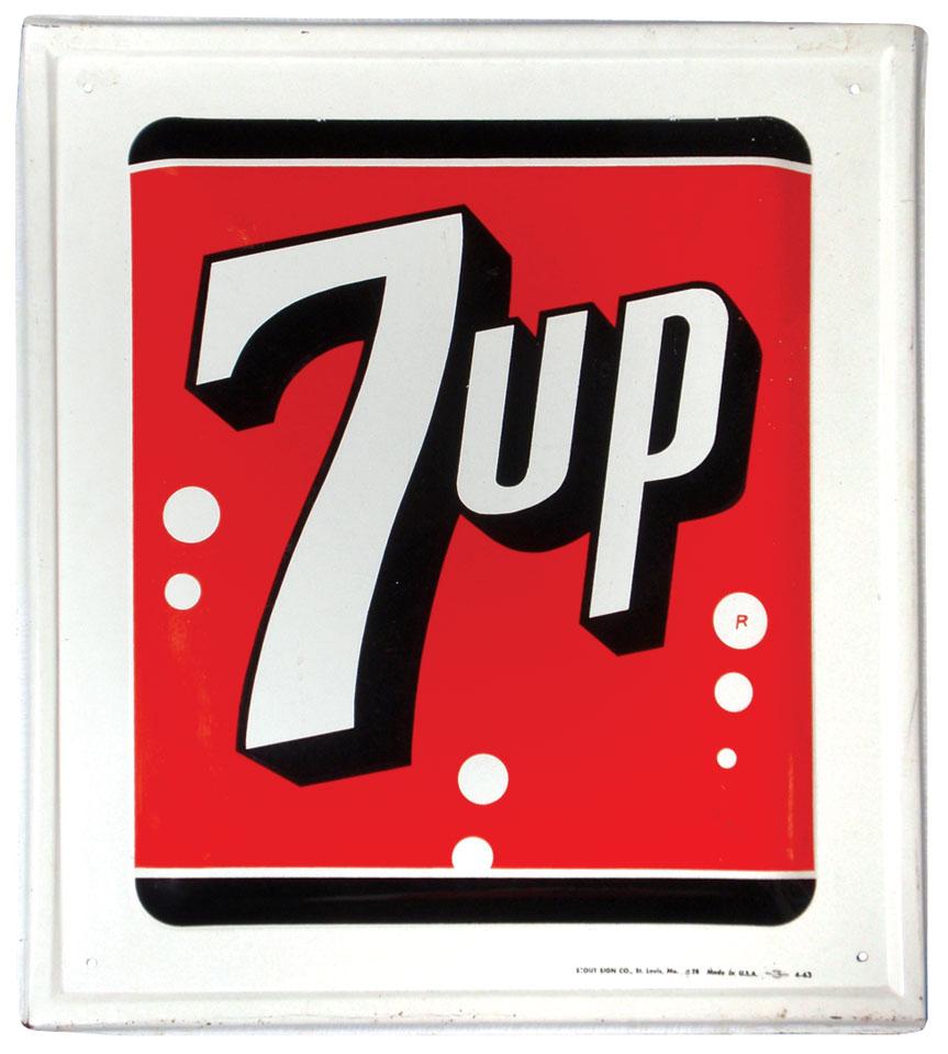 7Up embossed metal sign, Exc cond, 20"H x 17"W.
