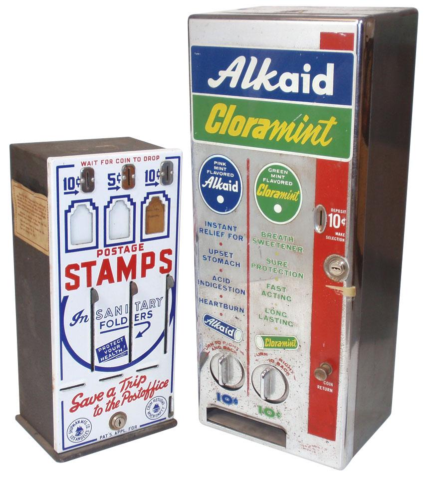 Coin-operated vendors (3), Shipman stamp machine w/porcelain front, 5 ...