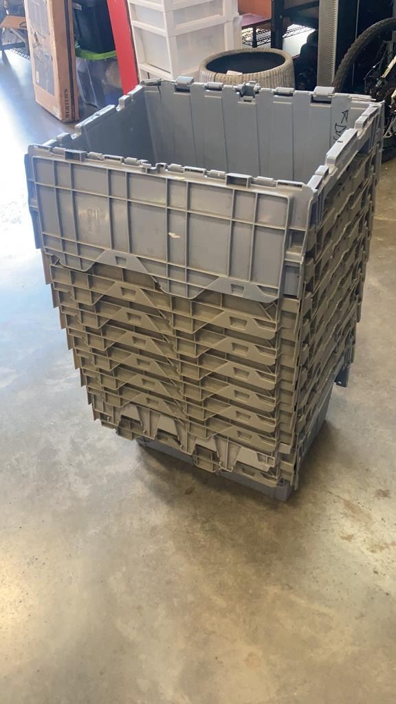 STACK OF 10 STORAGE TOTES WITH BUILT IN LIDS stack-of-10-storage-totes-with-built-in-lids