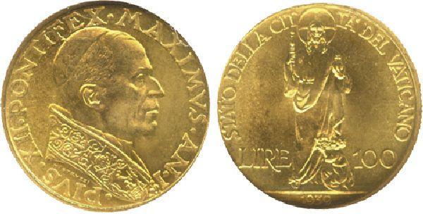 COINS. Italy. Vatican, Pius XII (1939-1958), Gold 100-Lire, 1939 (P 705; Mont 508; F 286). In NGC h