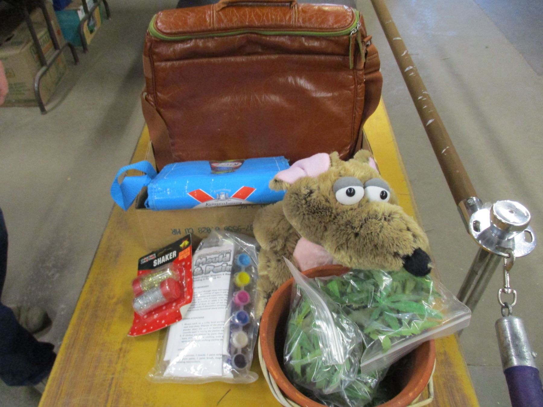 BOX C/W COMPUTER BAG, FLOWER POT, COYOTE TOY, ETC