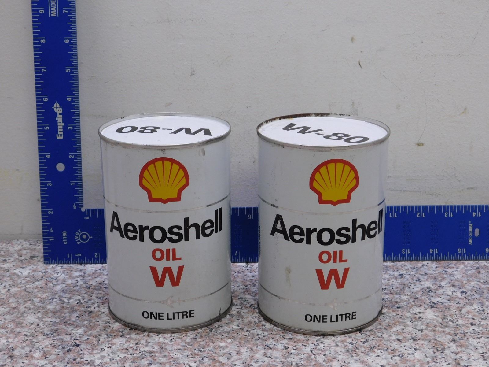 Lot of 2 W-80 Shell Aeroshell Vintage Oil Can Tin Full 1 Litre