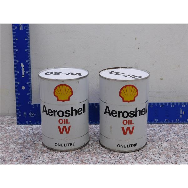Lot of 2 W-80 Shell Aeroshell Vintage Oil Can Tin Full 1 Litre