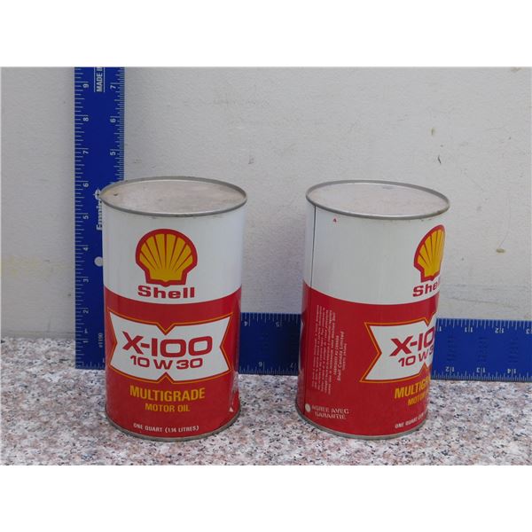Lot of 2 Vintage Shell X-100 Motor Oil Tins Cans Full