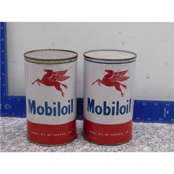 Lot of 2 Vintage Mobiloil 1 Litre Tin Cans Motor Oil Full