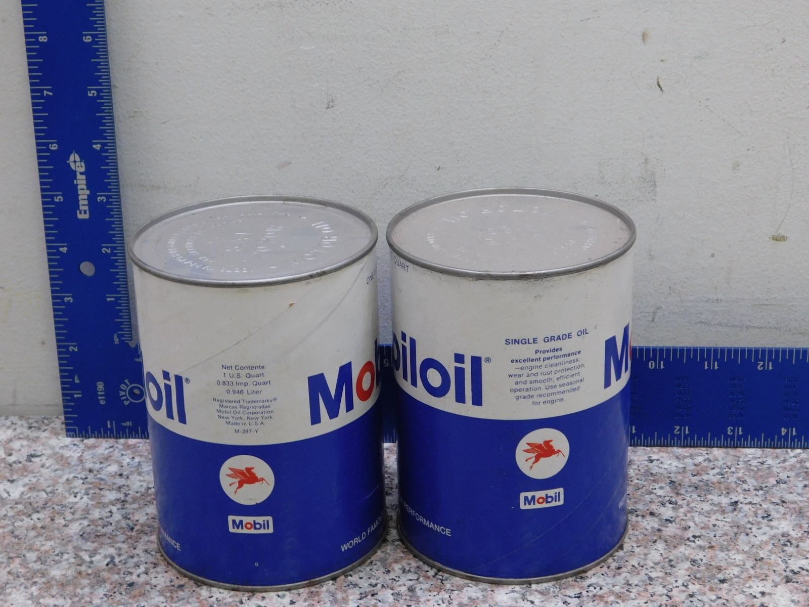 Lot of 2 Vintage Mobiloil 1 Litre Tin Cans Motor Oil Full