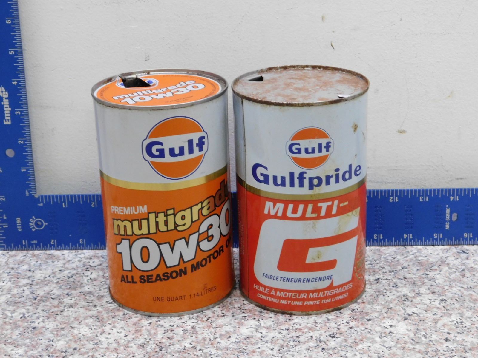 Lot of 2 Gulf Multigrade Gulfpride Motor Oil Tin Cans Vintage