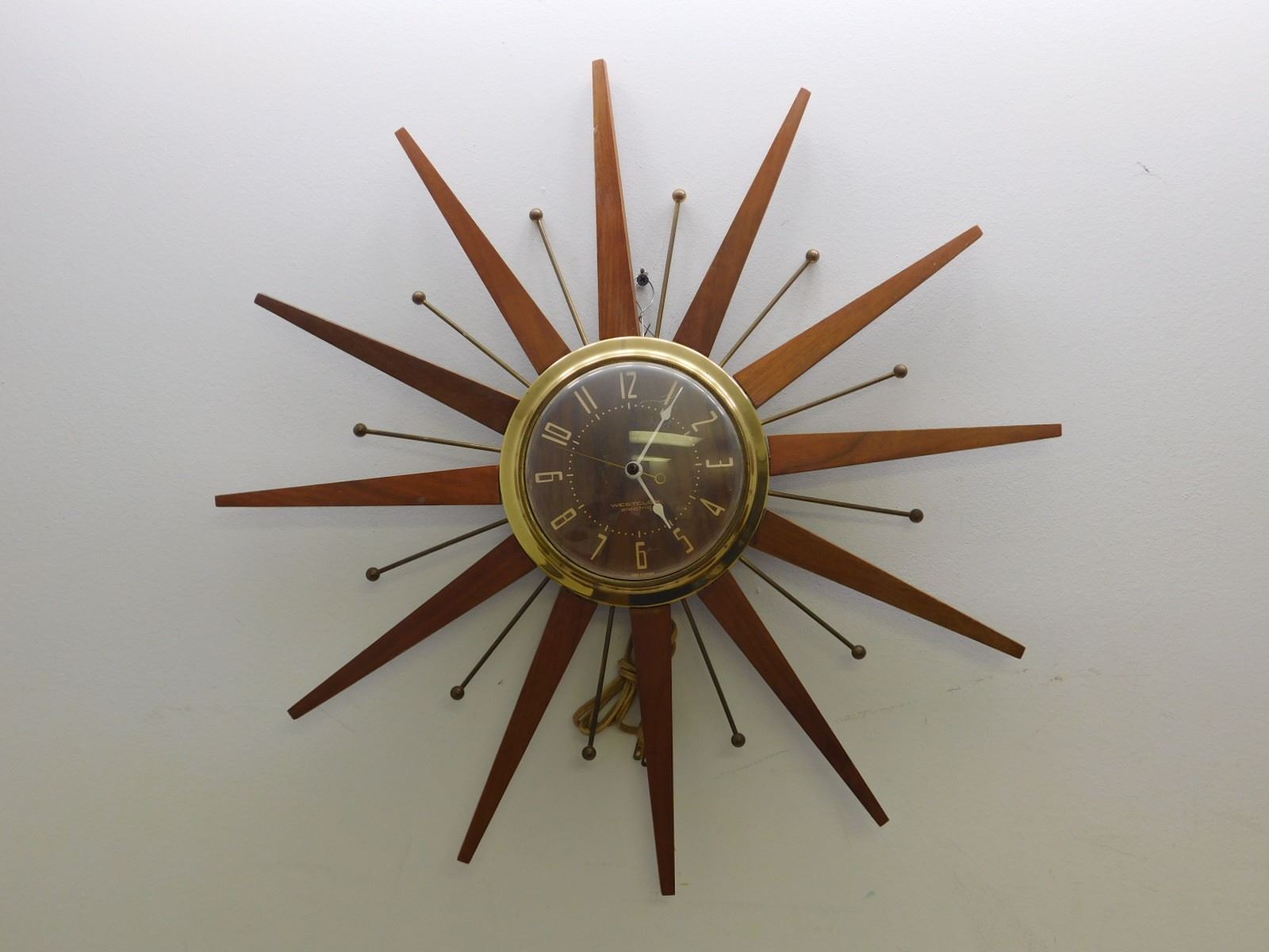 Mid Century Westclox Electric Starburst Wooden Teak Spike Wall Clock ...