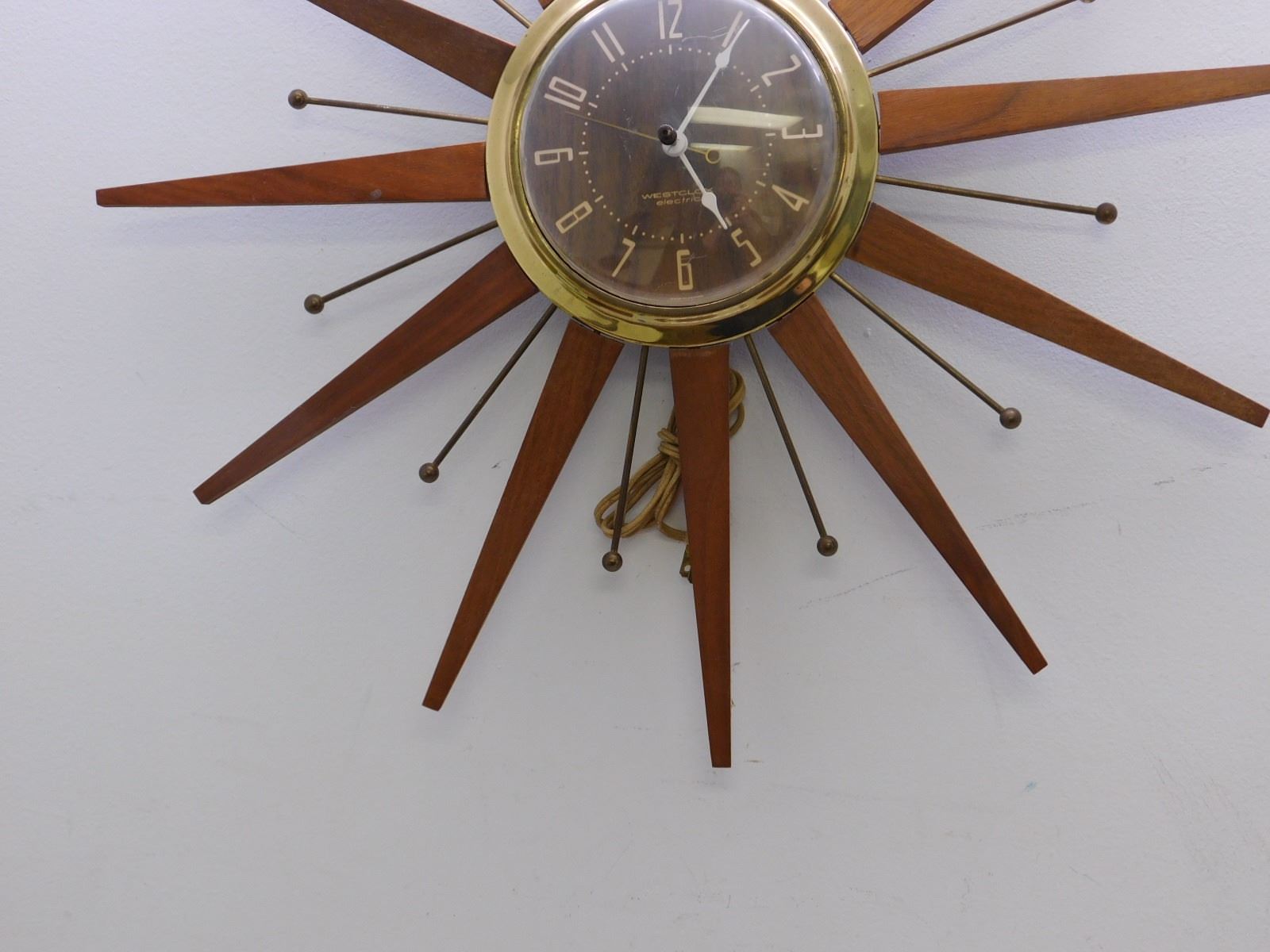 Mid Century Westclox Electric Starburst Wooden Teak Spike Wall Clock ...
