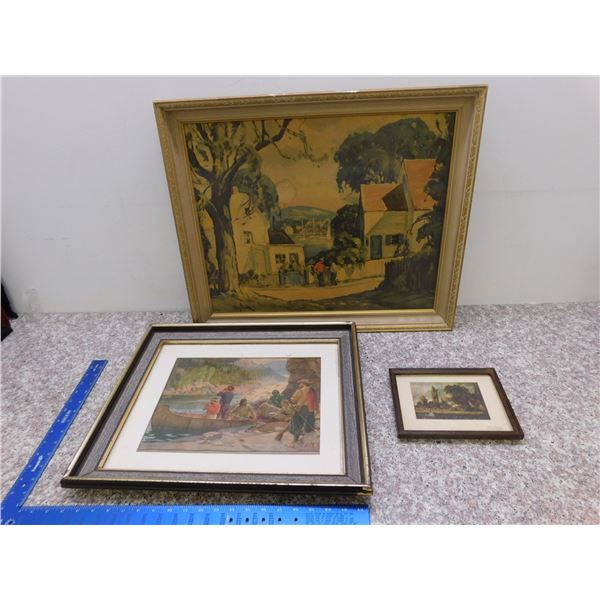Lot of 3 Painting Prints Voyageur Aboriginal Town Scene J.D. Kelly Otis ...