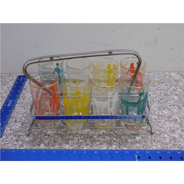 Vintage Set Of 8 Cocktail Recipe Glasses With Carrier Quotes Etc Funny
