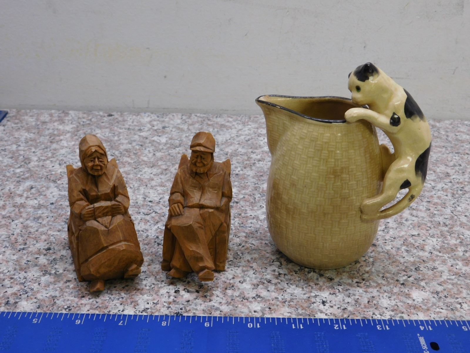 Vintage Antique Cat Handle Milk Cream Pitcher and Hand Carved Wooden ...