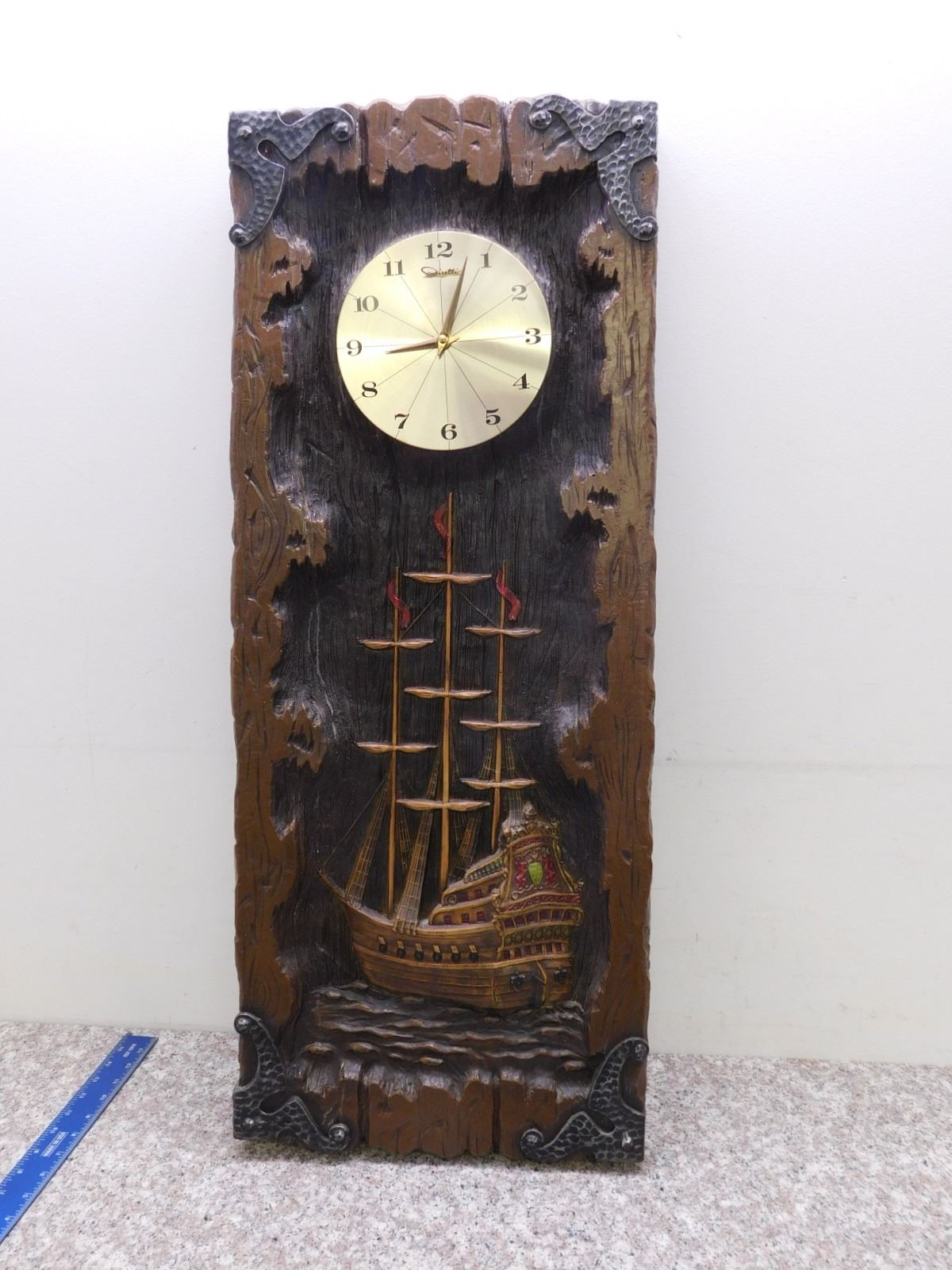 Girotti Plastic Wall Clock Pirate Ship Design Wood Carving Style 1969