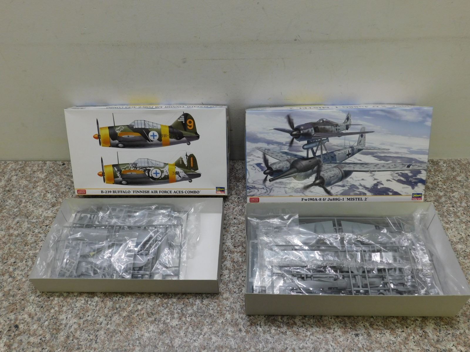 Lot of 2 Hasegawa Fw190A-8 Ju88G-1 Mistel 2 and B239 Buffalo Finnish 1: ...