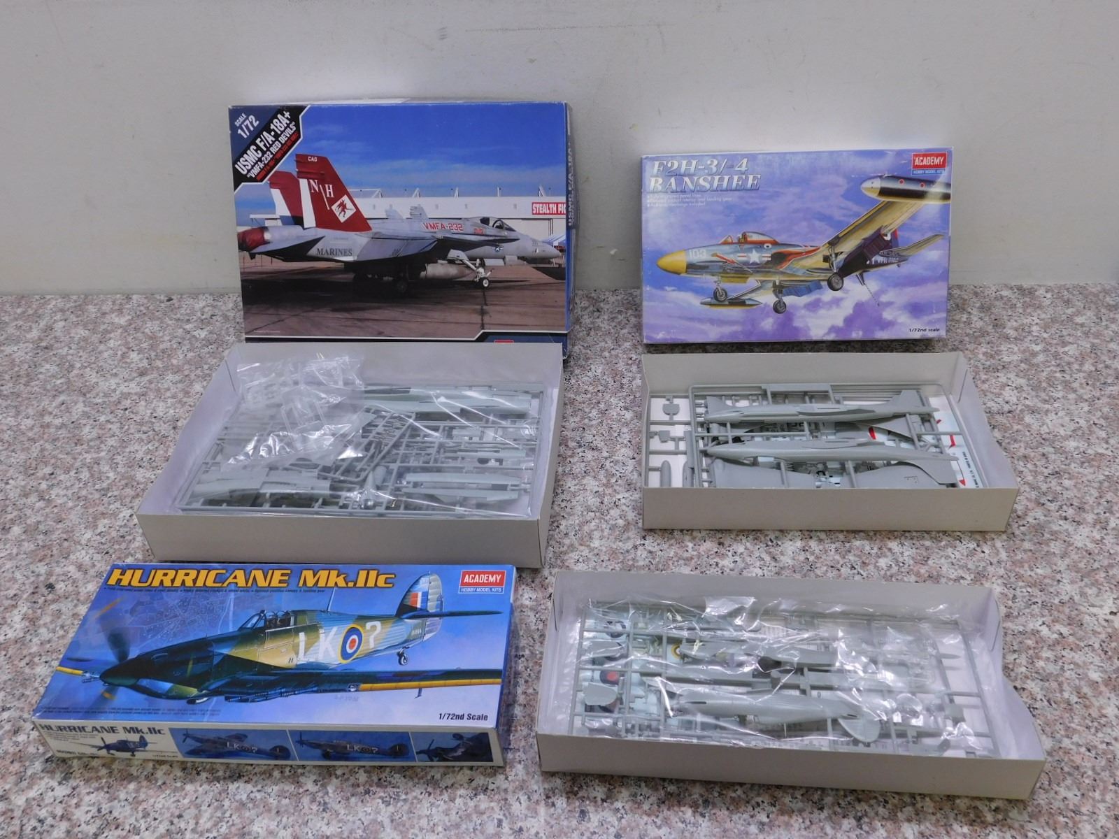 Lot of 3 Academy F2H 3/4 Banshee, Hurricane Mk IIc, USMC F/A-18A 1:72 ...