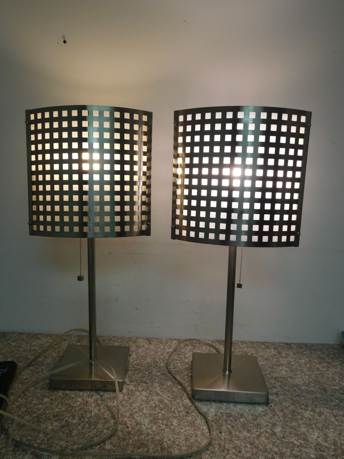 Pair of Chrome Metal Desk Lamps Pull String Lights 27" Tall