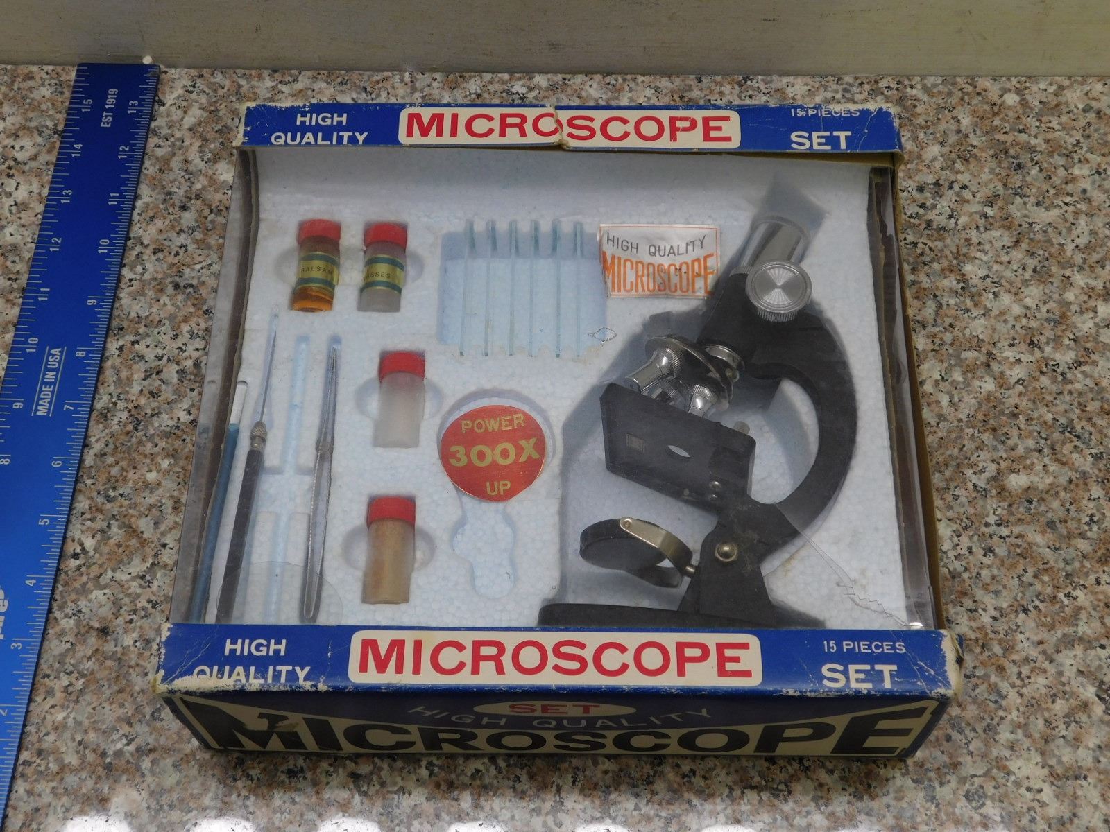 Vintage 1970s Microscope Set 15 Pieces No 124-S 300x With Box