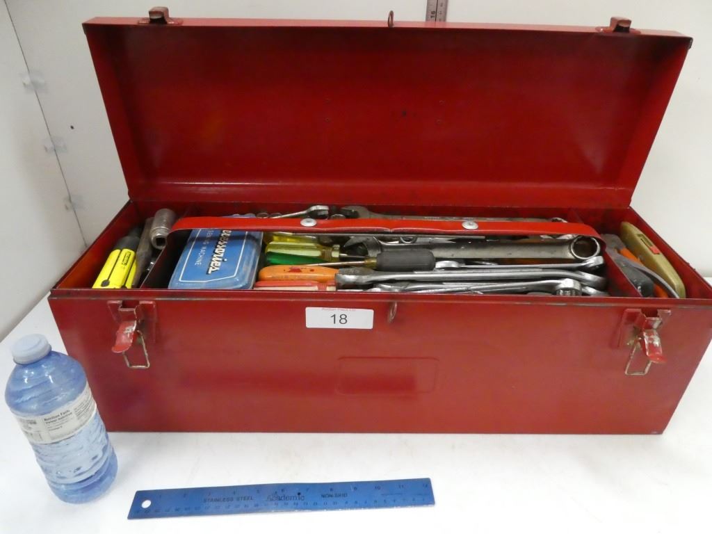 metal toolbox & assorted tools