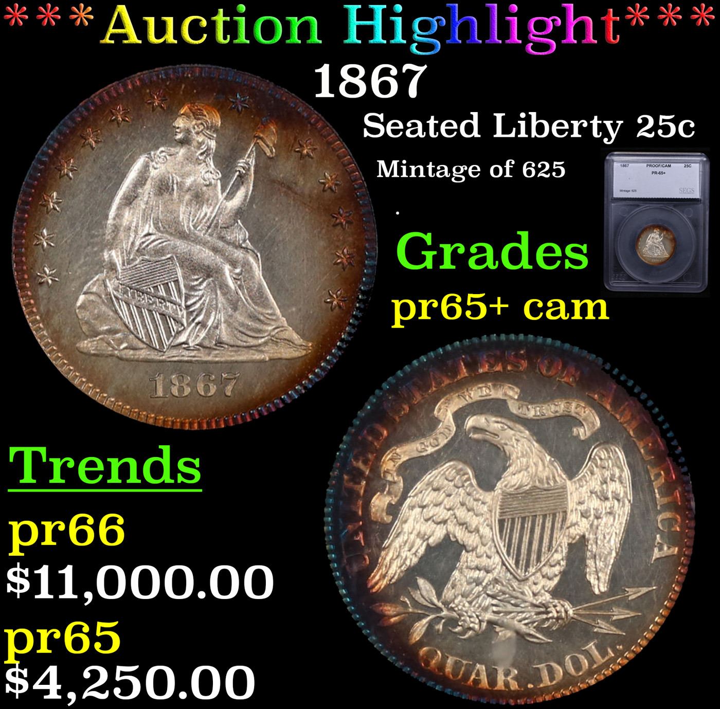 Proof ***Auction Highlight*** 1867 Seated Liberty Quarter 25c Graded ...