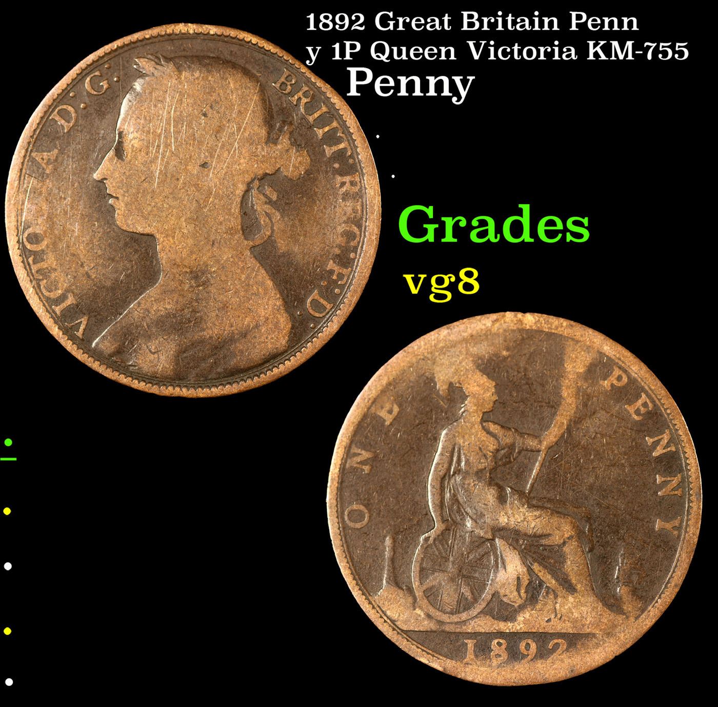 1892 Great Britain Penny 1P Queen Victoria KM-755 Grades vg, very good