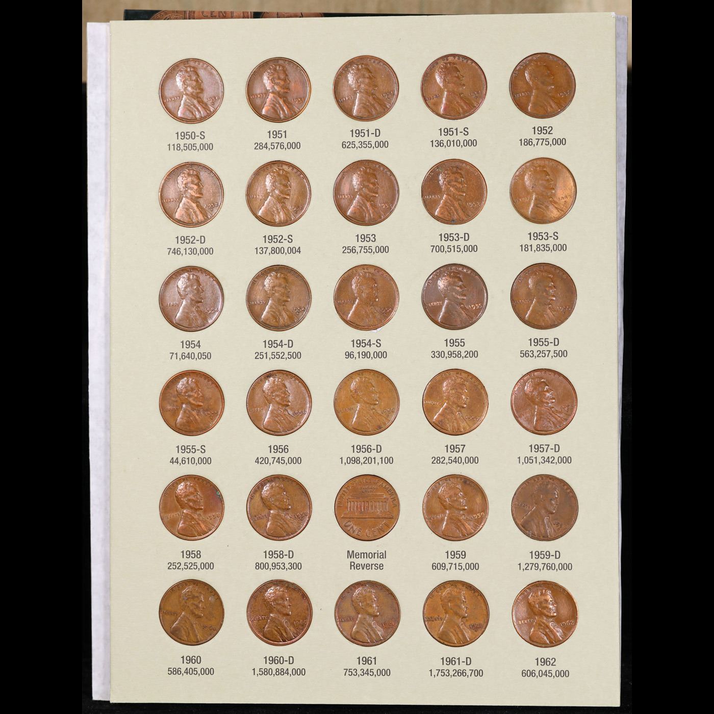 Complete Lincoln 1c H.E. Harris & CO folder, 1941-1975, 90 coins.
