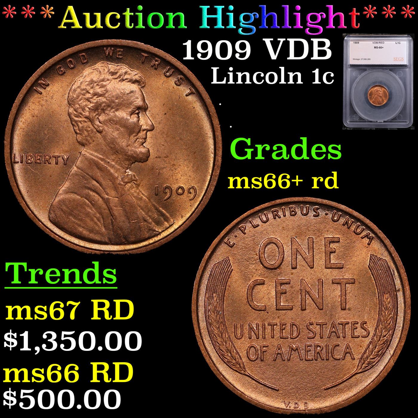 ***Auction Highlight*** 1909 VDB Lincoln Cent 1c Graded ms66+ rd By ...