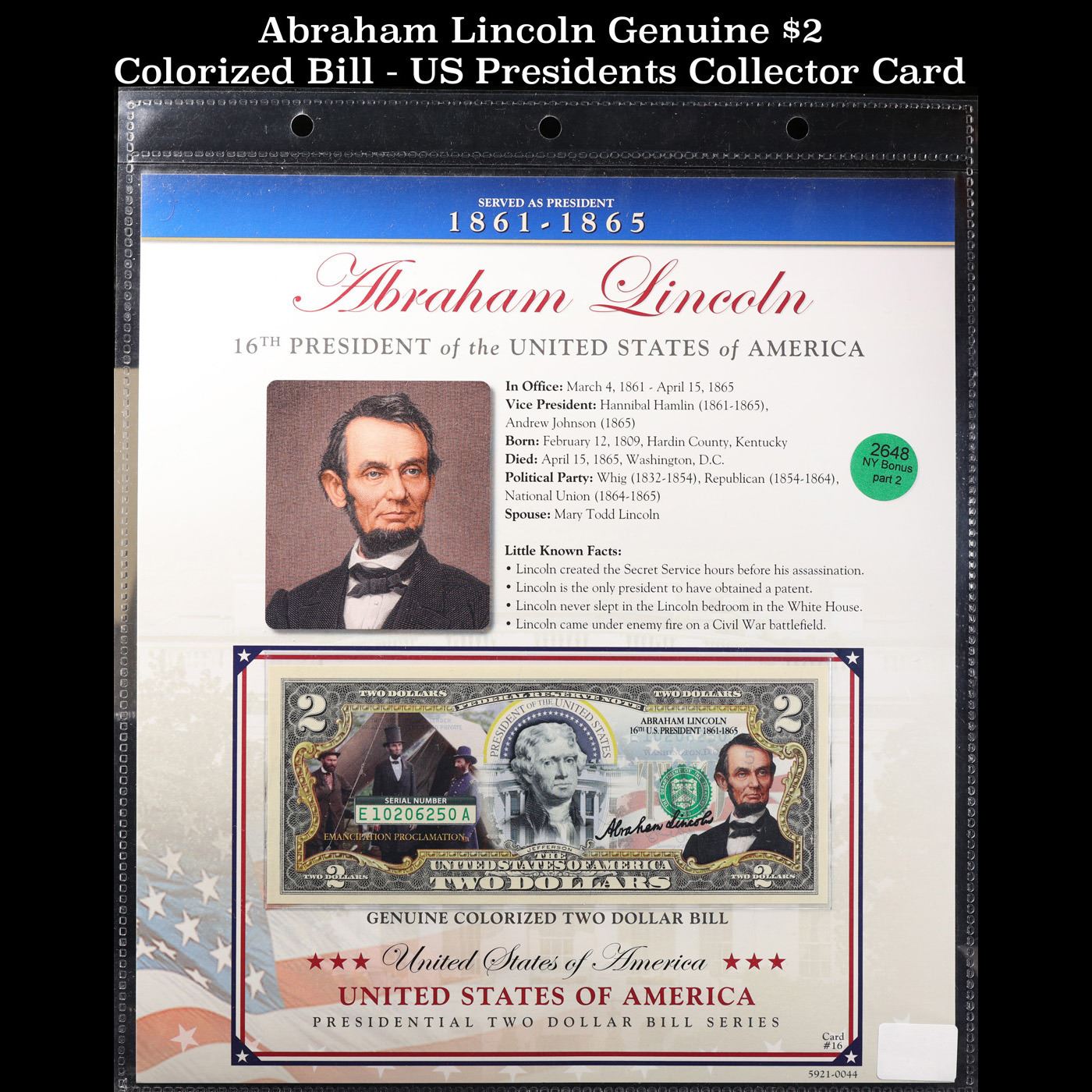 Abraham Lincoln Genuine $2 Colorized Bill - US Presidents Collector ...