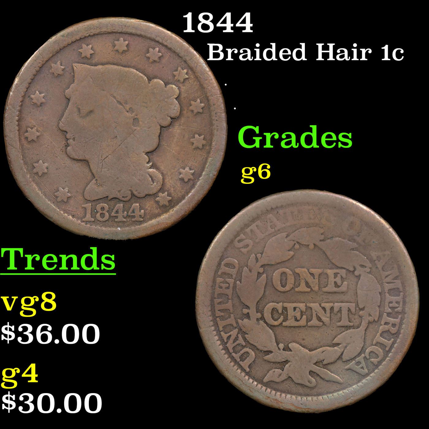1844 Braided Hair Large Cent 1c Grades g+