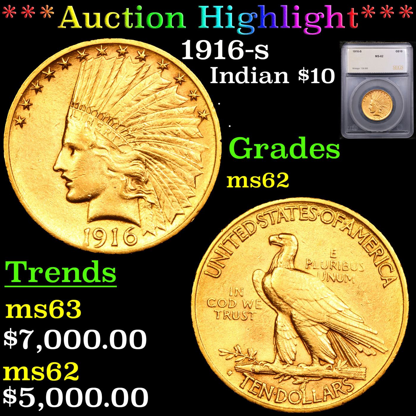 ***Auction Highlight*** 1916-s Gold Indian Eagle $10 Graded ms62 By SEGS (fc)