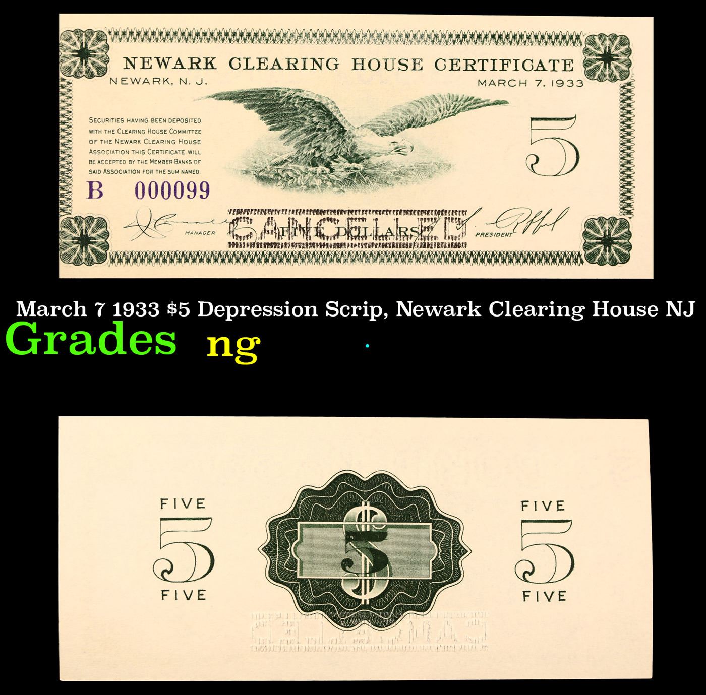 March 7 1933 $5 Depression Scrip, Newark Clearing House NJ Grades NG