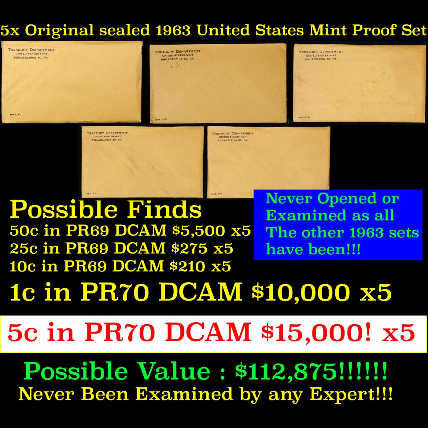 5x Original sealed 1963 United States Mint Proof Set! A total of 25 ...