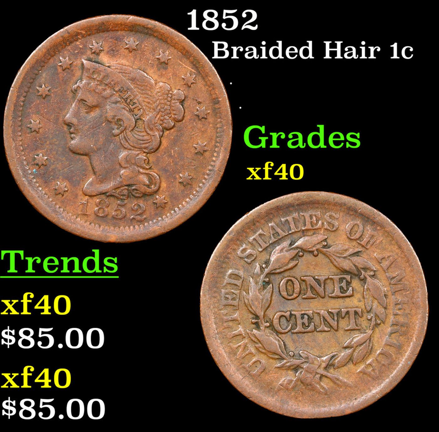 1852 Braided Hair Large Cent 1c Grades xf
