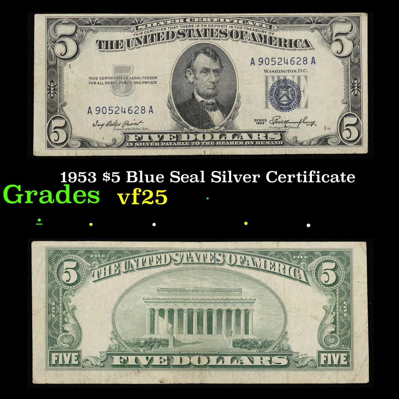1953 $5 Blue Seal Silver Certificate Grades vf+