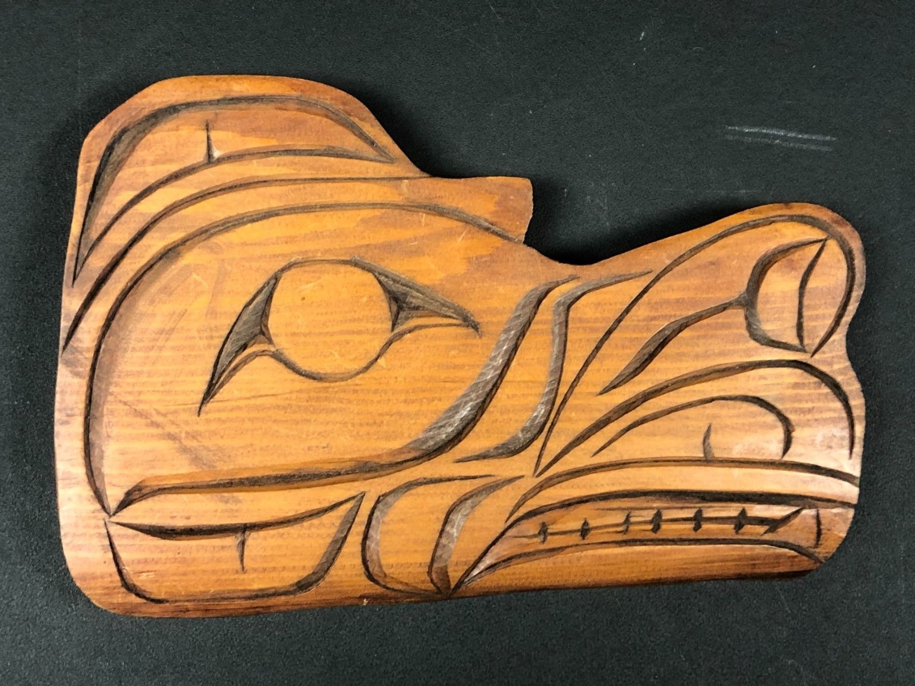First Nations decorative wood carved wolf head signed by artist Ivan Wilson