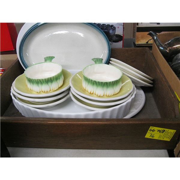 WOODEN BOX W/ASST. DISHES, WEDGEWOOD, MEDALTA & MISC. WOODEN BOX W/ASST. DISHES, WEDGEWOOD, MEDALTA & MISC.