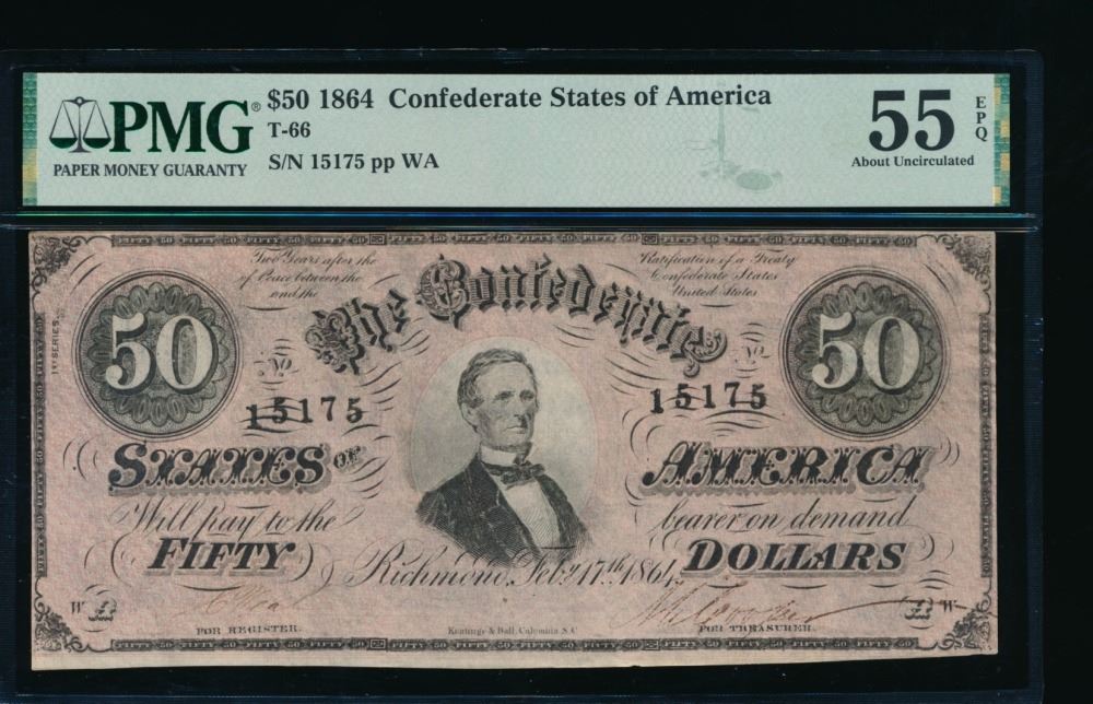 1864 $50 T-66 Confederate PMG 55EPQ
