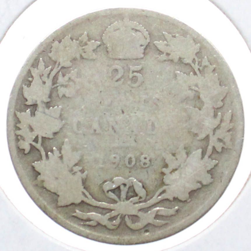 1908 CANADIAN SILVER 25 CENT COIN