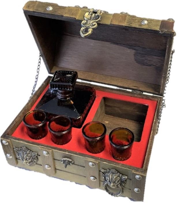 Vintage Medieval Revival Treasure Chest. Decanter & Shot Glasses ...